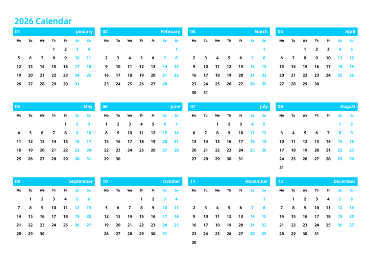 2026年日历表 英文版 横向排版 周一开始 日历模板(DF011-2268) - 日历表2026年日历打印下载